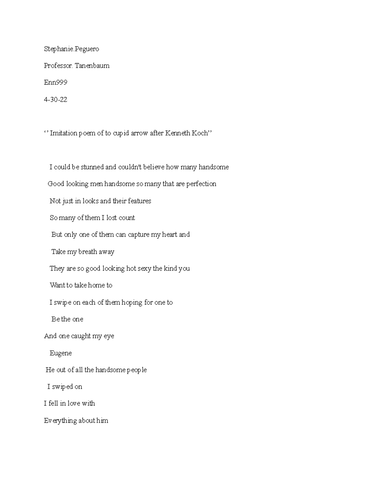 Imitation poem-Stephanie Peguero enn99 - Stephanie Professor. Tanenbaum ...