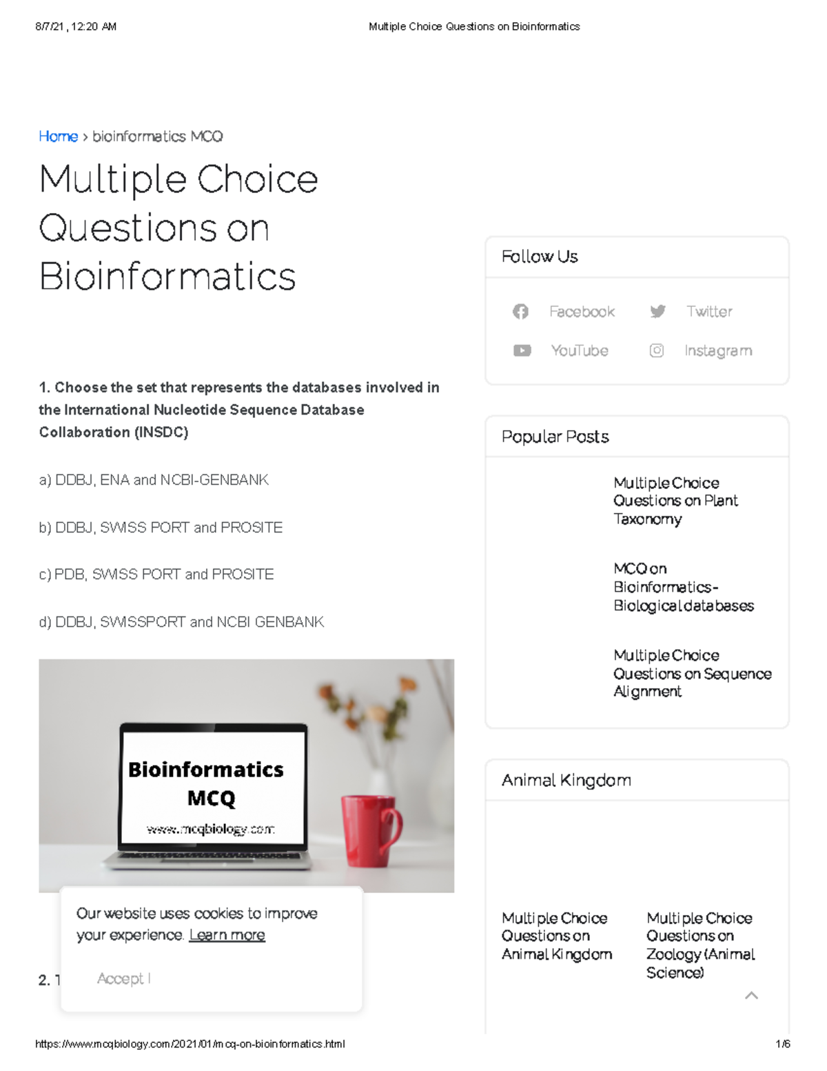 Multiple Choice Questions On Bioinformatics Home Bioinformatics MCQ