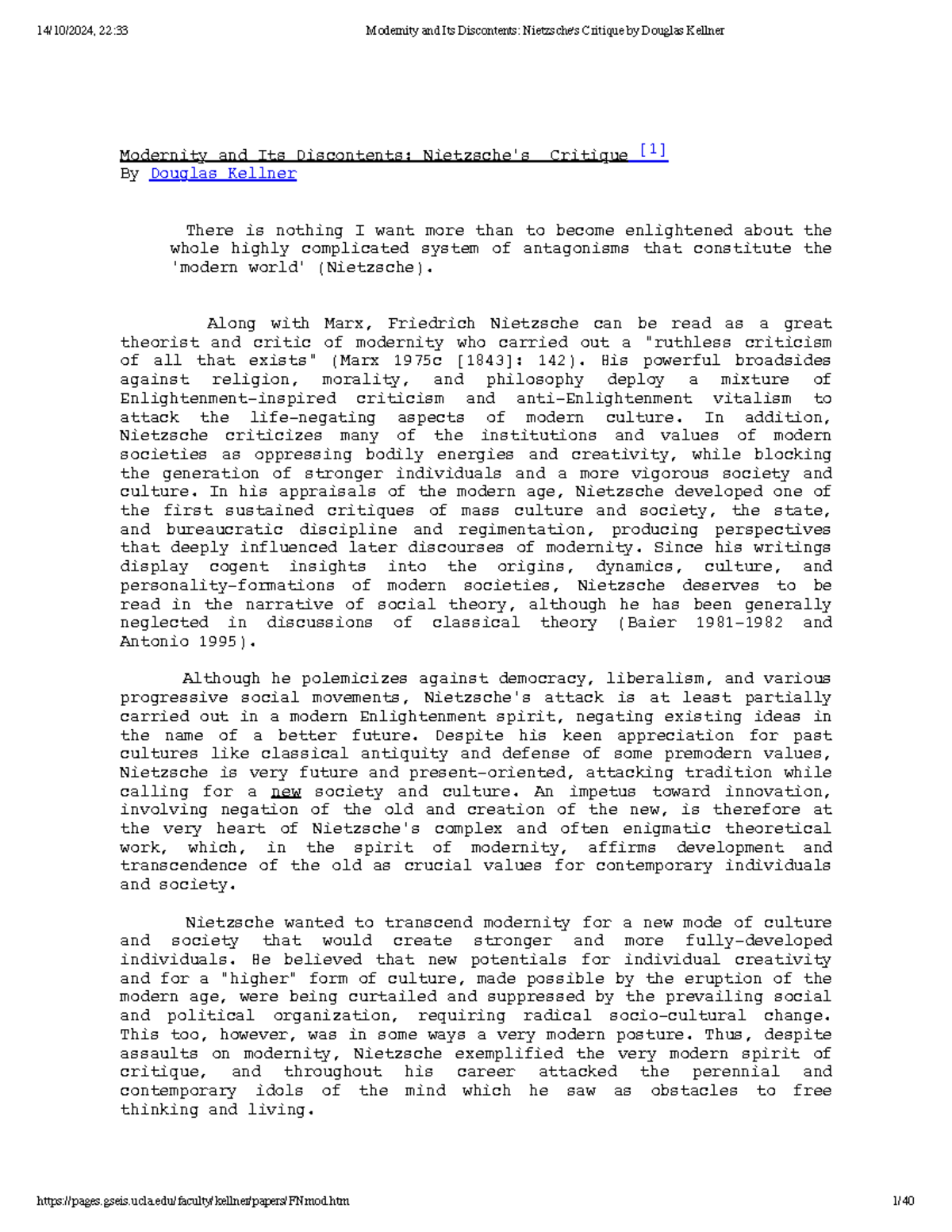Modernity and Its Discontents Nietzsche's Critique by Douglas Kellner ...