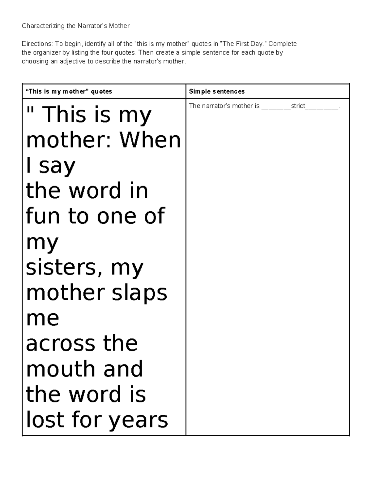 Handout 1.3B Characterizing the Narrator's Mother - Characterizing the ...