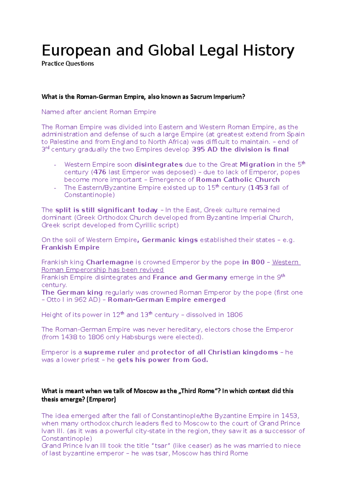 European and Global Legal History - Practice Questions - European and ...
