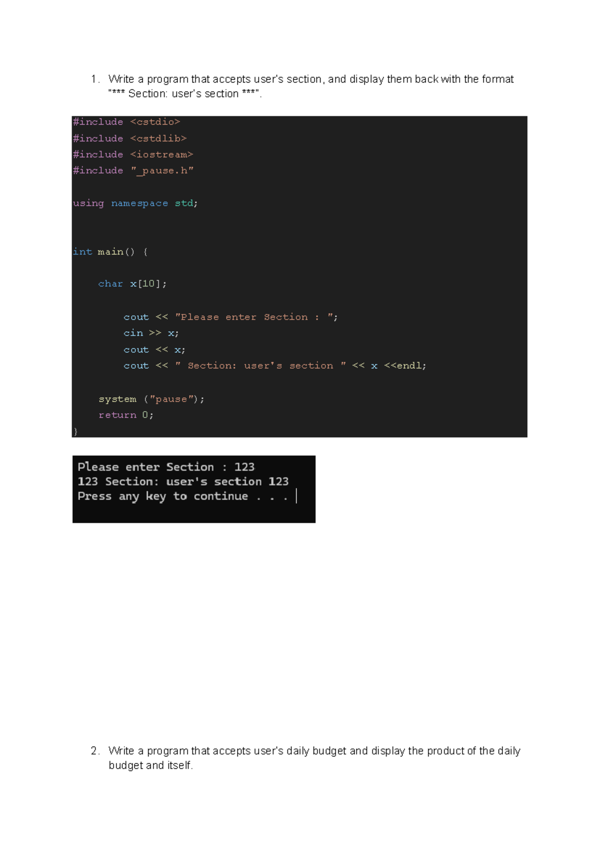 Smith Hue-Laboratory Exercise 004 - Write a program that accepts user’s section, and display ...