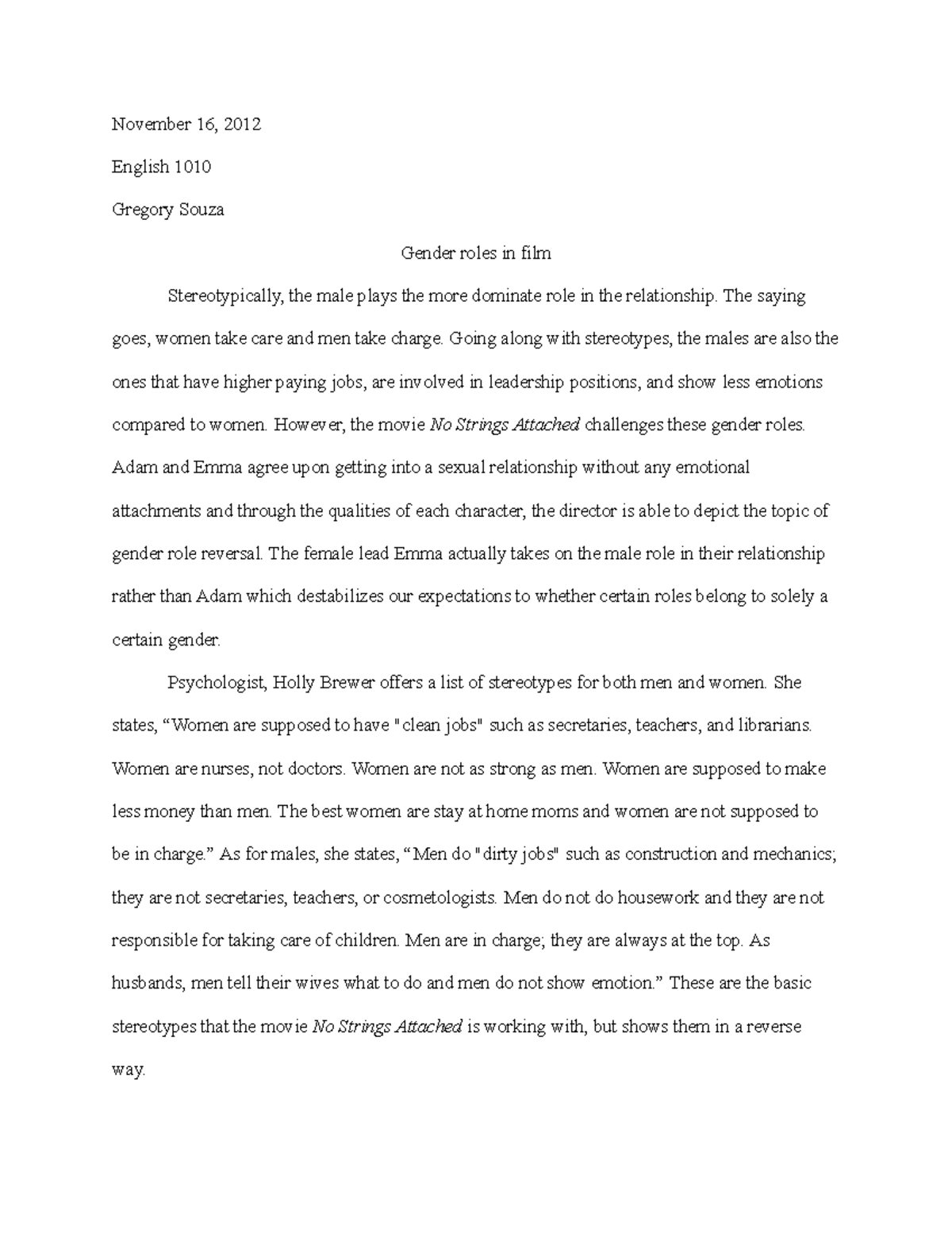 Essay Gender Roles In Films Grade A November 16 2012 English