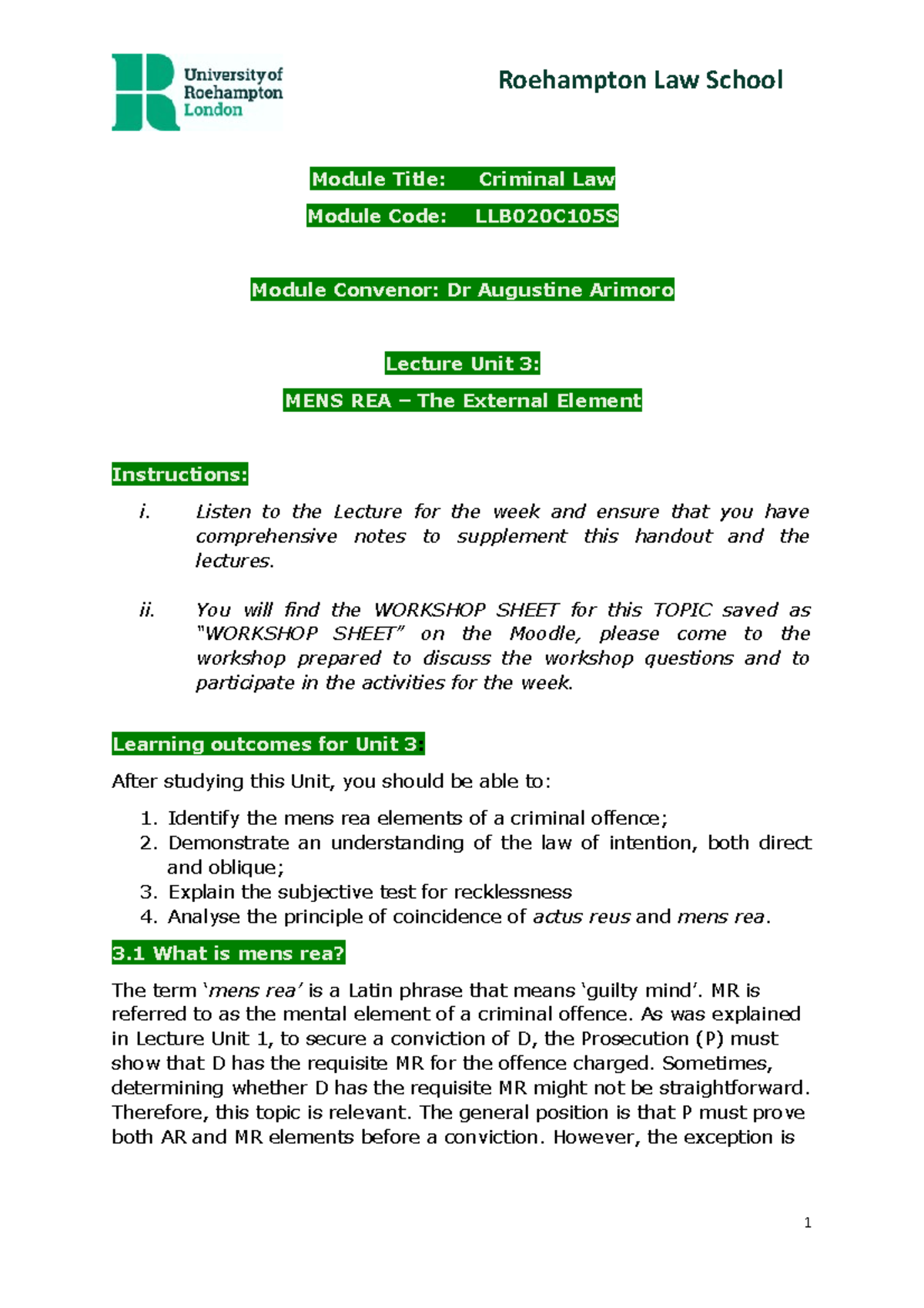 Lecture Handout - Mens rea - the guilty mind - Module Title: Criminal ...