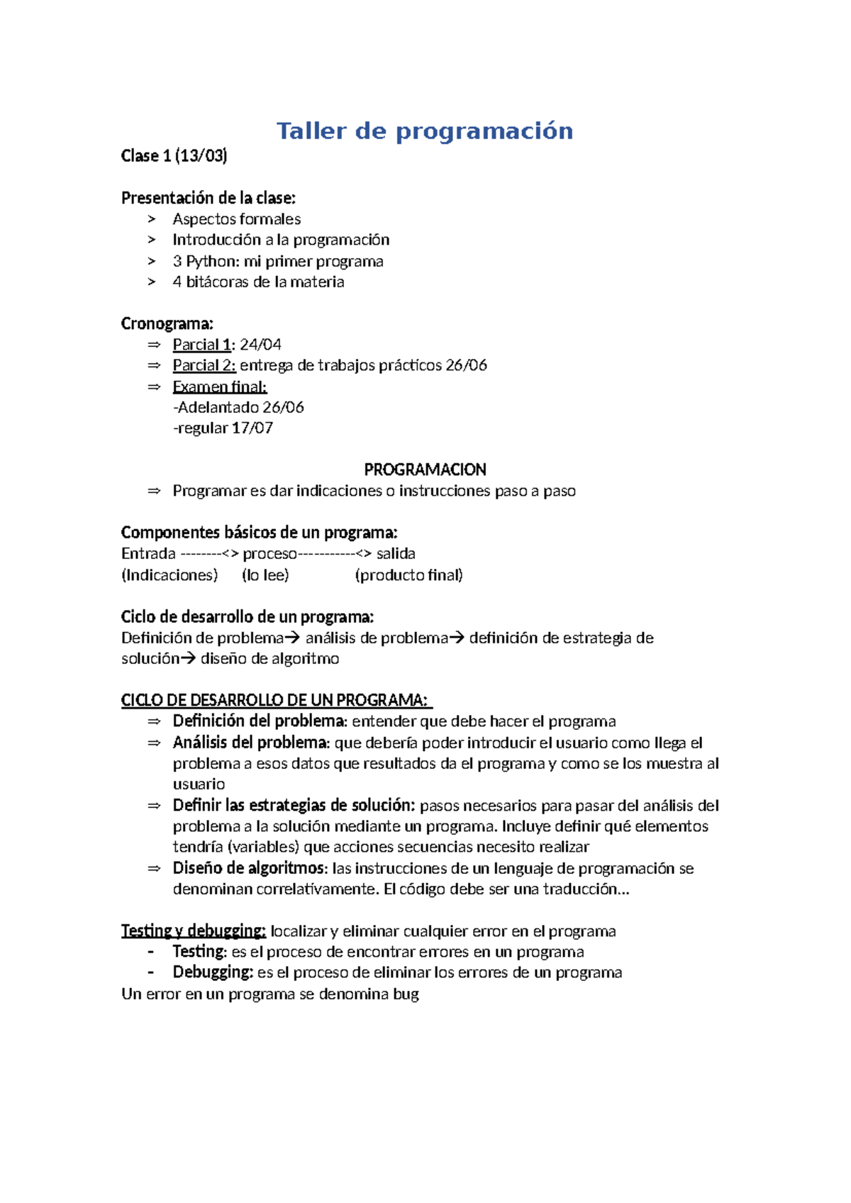 Taller de programacion - Taller de programación Clase 1 (13/03) Presentación de la clase ...