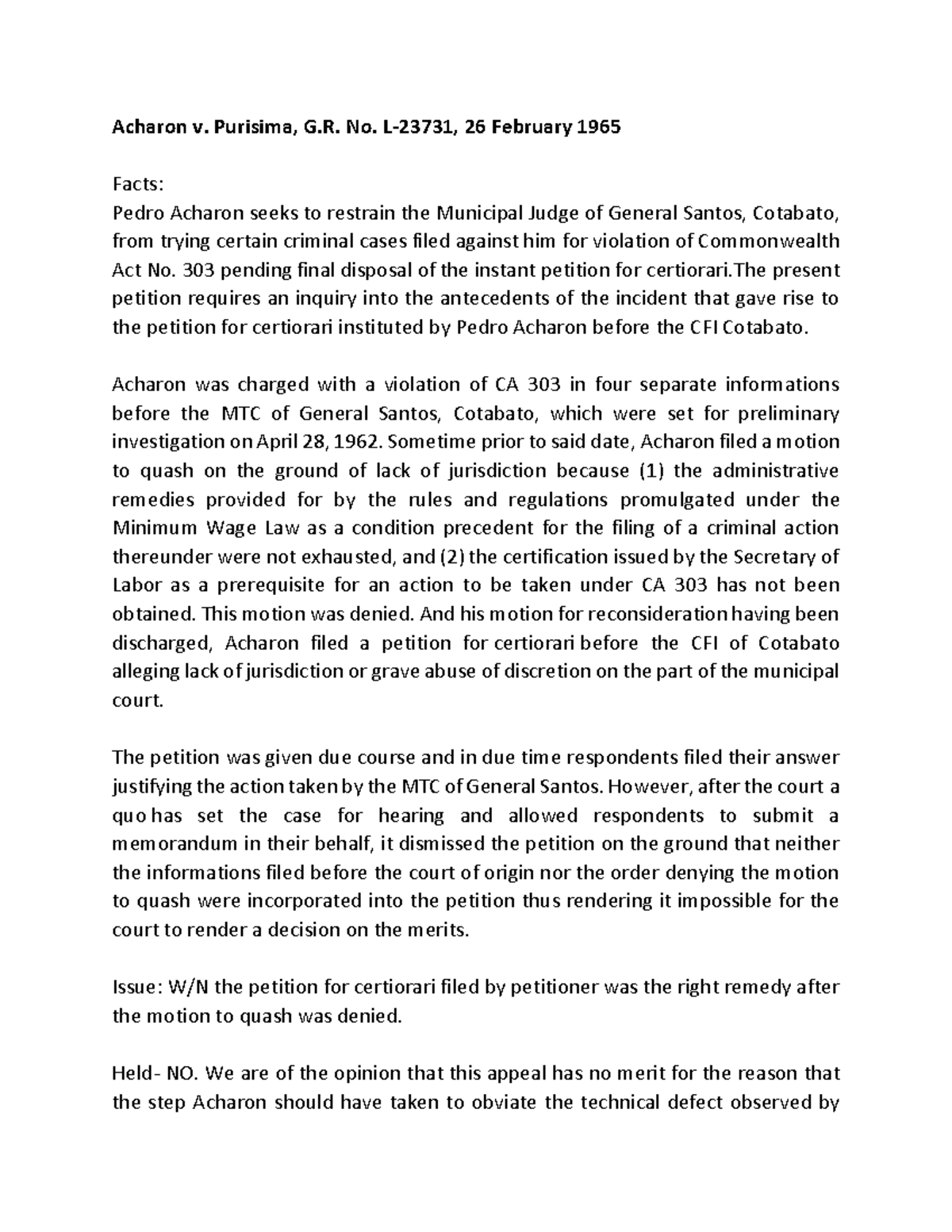 Acharon v. Purisima, G.R. No. L-23731 - Acharon v. Purisima, G. No. L ...