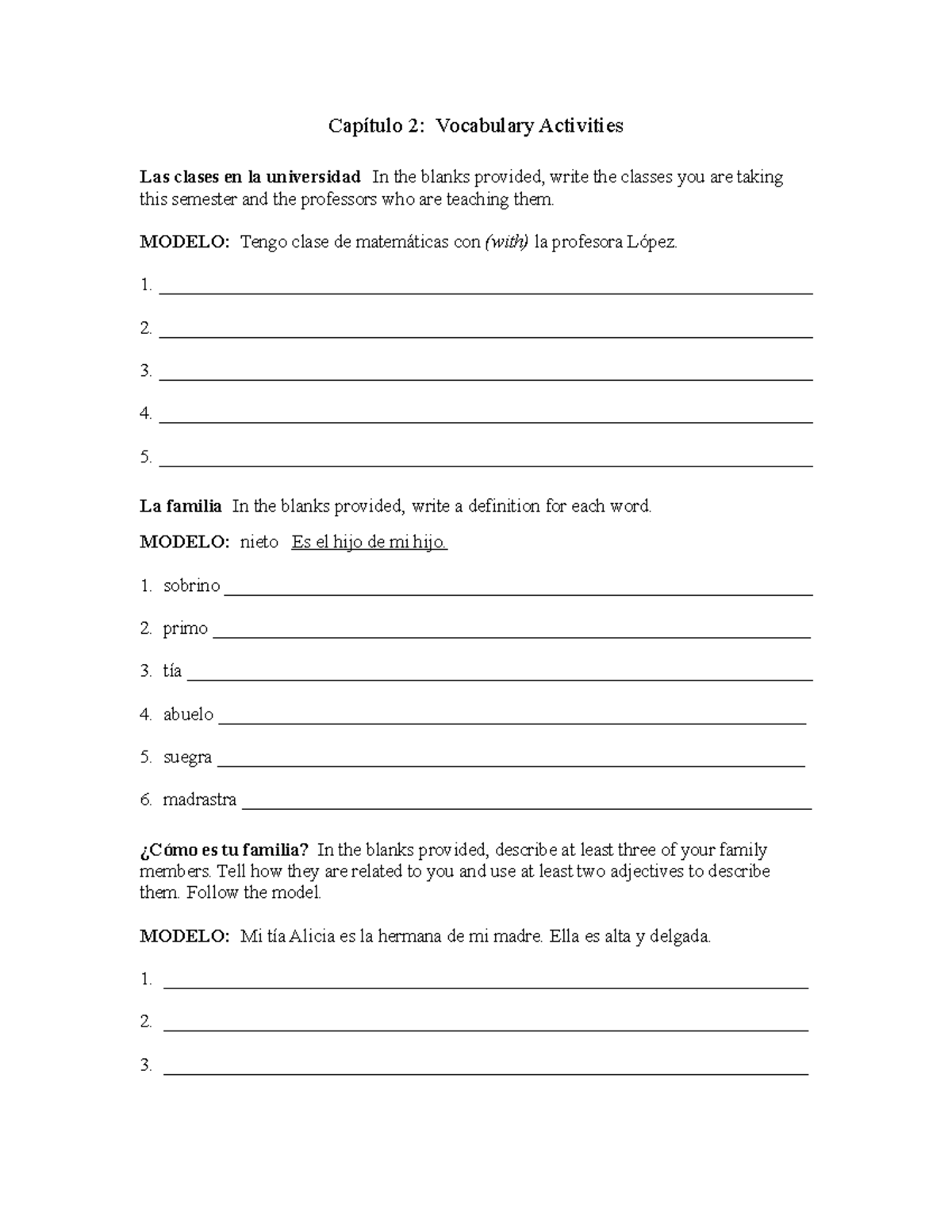 Chapter 2 Worksheet - Capítulo 2: Vocabulary Activities Las clases en ...