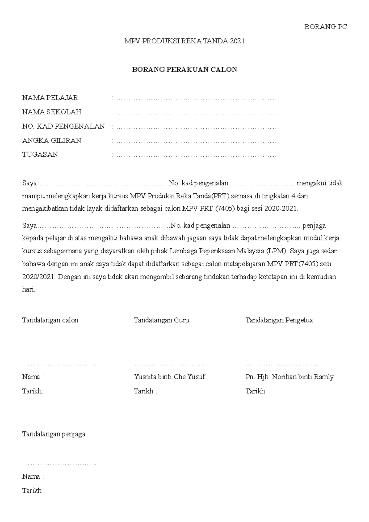 Borang Perakuan Calon - Its an acknowledgement document about students ...