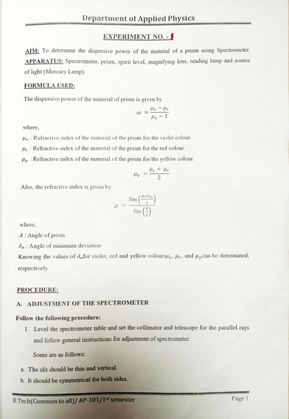 AP-101 LAB Manual - Department of Applied Physics EXPERIMENT NO. M AIM: To determine the ...
