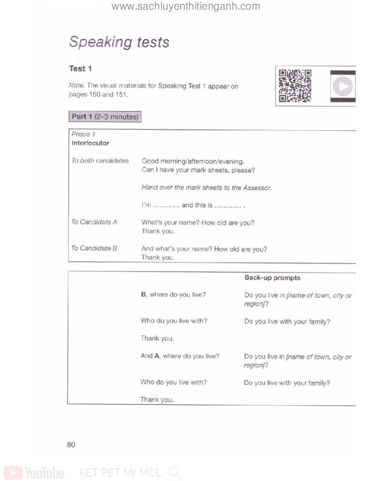KEY - Cambridge B1 Preliminary for Schools 1 - Speaking tests Test 1 ...