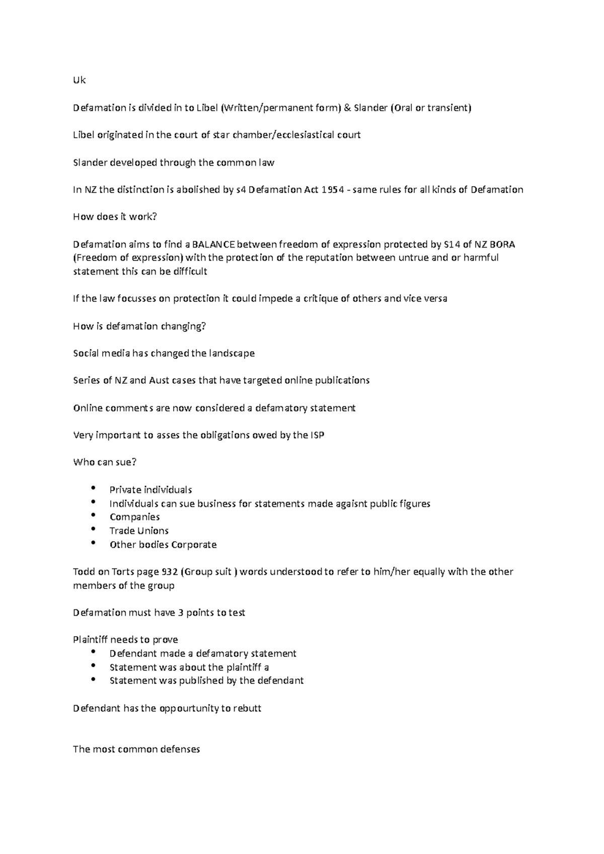 Defamation notes - Uk Defamation is divided in to Libel (Written ...