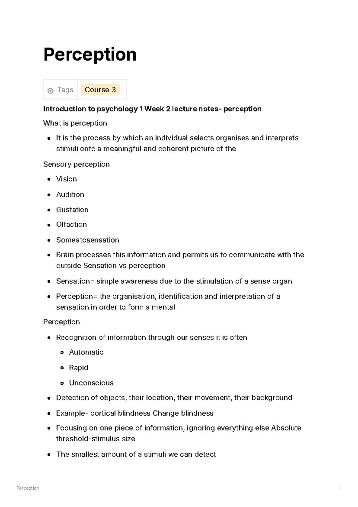 Perception lecture notes - Perception Tags Course 3 Introduction to ...