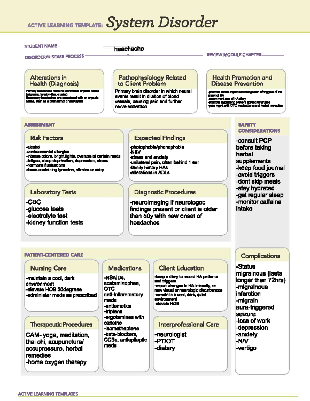 ATI mental heath headache template - ACTIVE LEARNING TEMPLATE: System ...