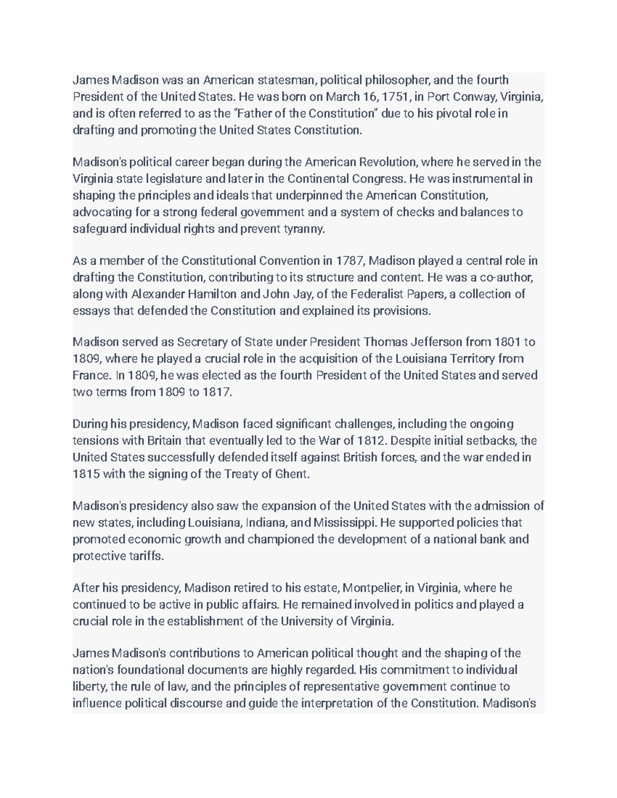 James Madison - He was born on March 16, 1751, in Port Conway, Virginia ...