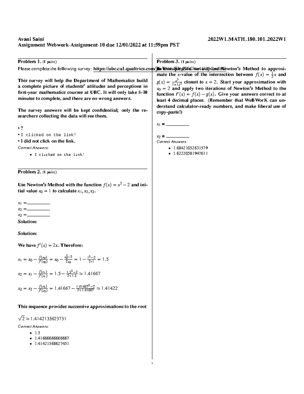 2022W1 MATH 180 101 2022W1 - Avani Saini 2022W1 MATH 180 101 2022W Assignment Webwork-Assignment ...