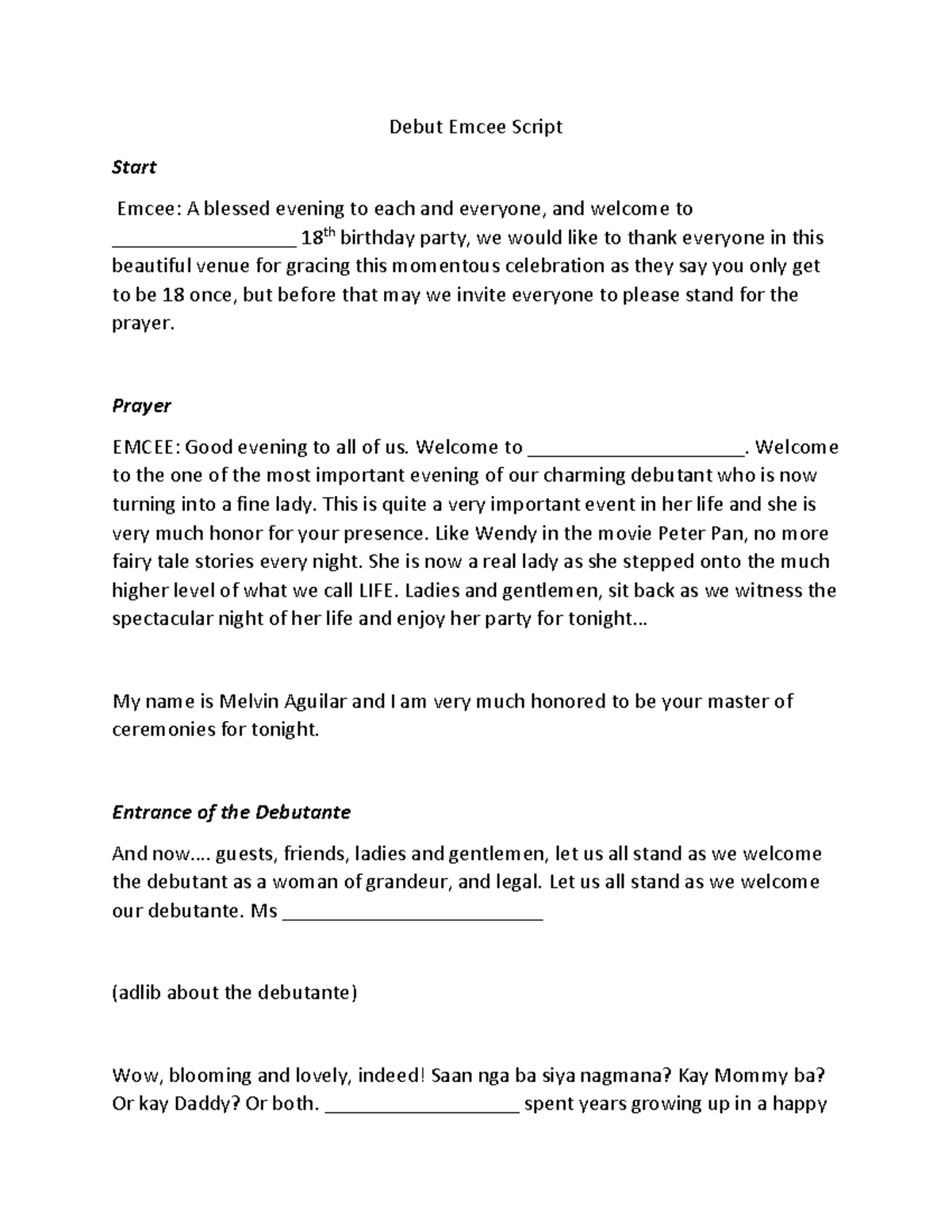 Toaz - Sample script for hosting in a debut. Useful in speech and ...