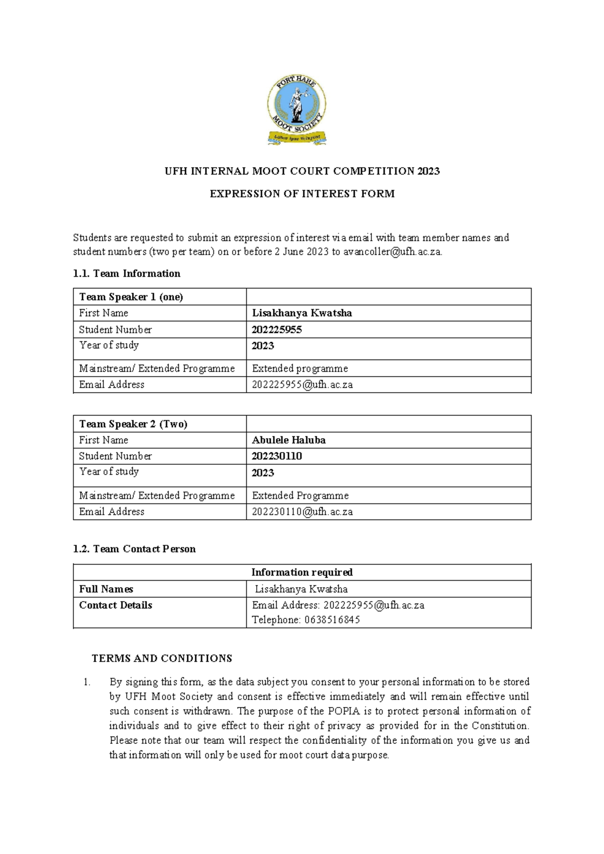 Expression of Interest Form - UFH INTERNAL MOOT COURT COMPETITION 2023 ...