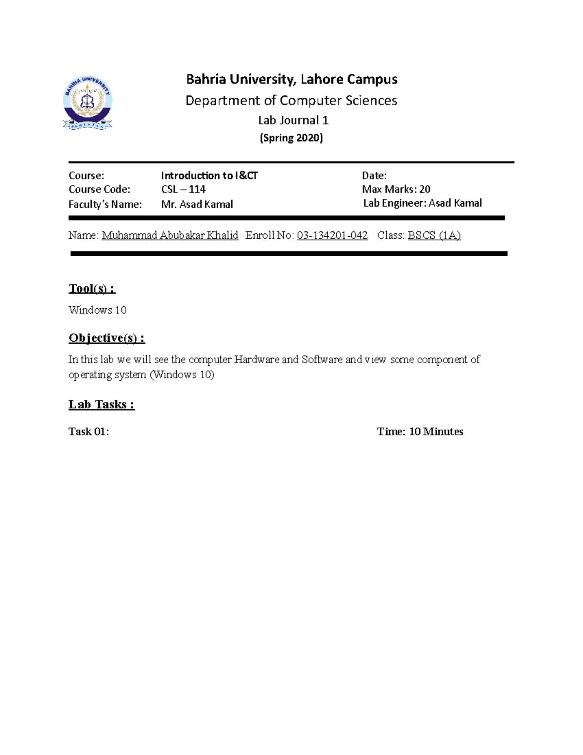Ict Lab 1 Itc Lecture Notes 1 Bahria University Lahore Campus Department Of Computer