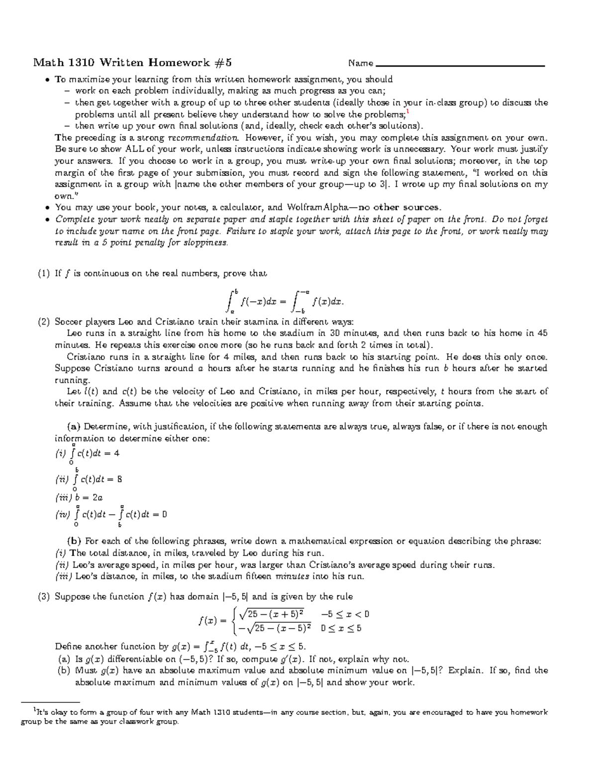 HW5-2 - this is week 6 work - Math 1310 Written Homework #5 Name • To ...