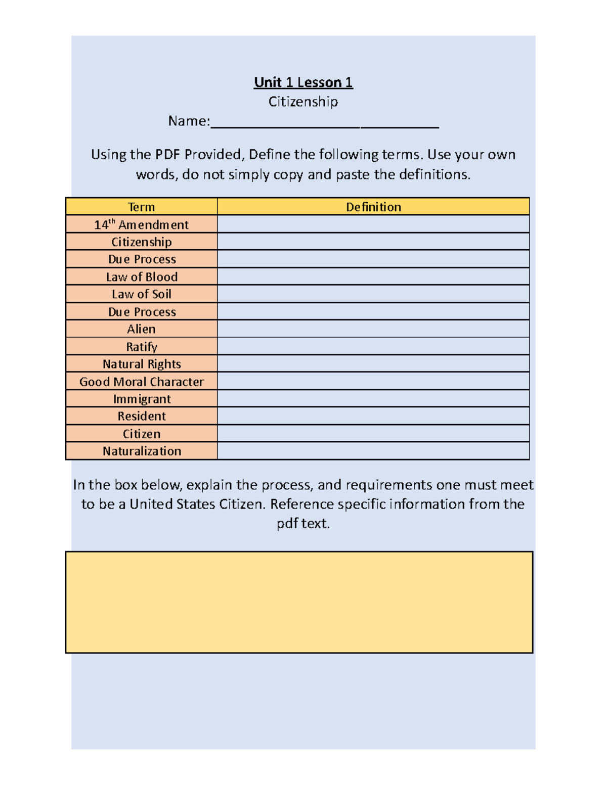 Unit 1 Lesson 1 Assignment - Unit 1 Lesson 1 Citizenship Name