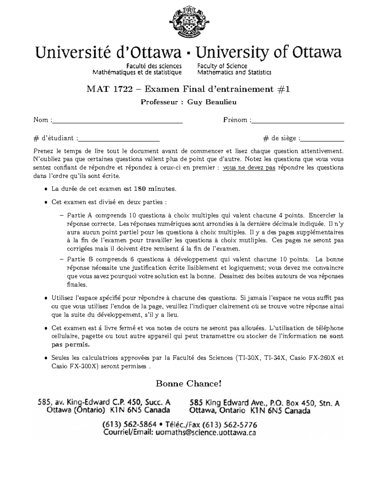 MAT1722 Exam pratique - Essays - MAT 1722 – Examen Final d’entrainement ...