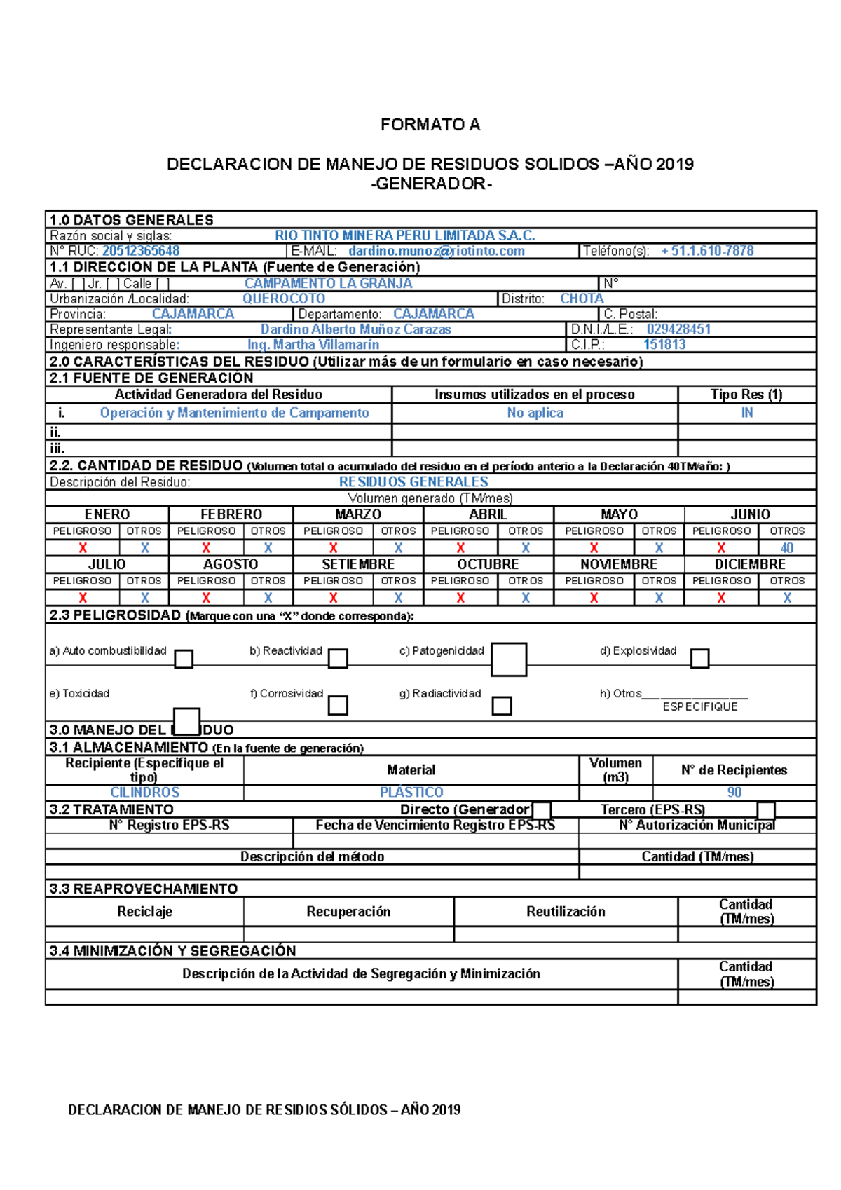 Formato Declaracion Anual- Residuos Generales - FORMATO A DECLARACION ...