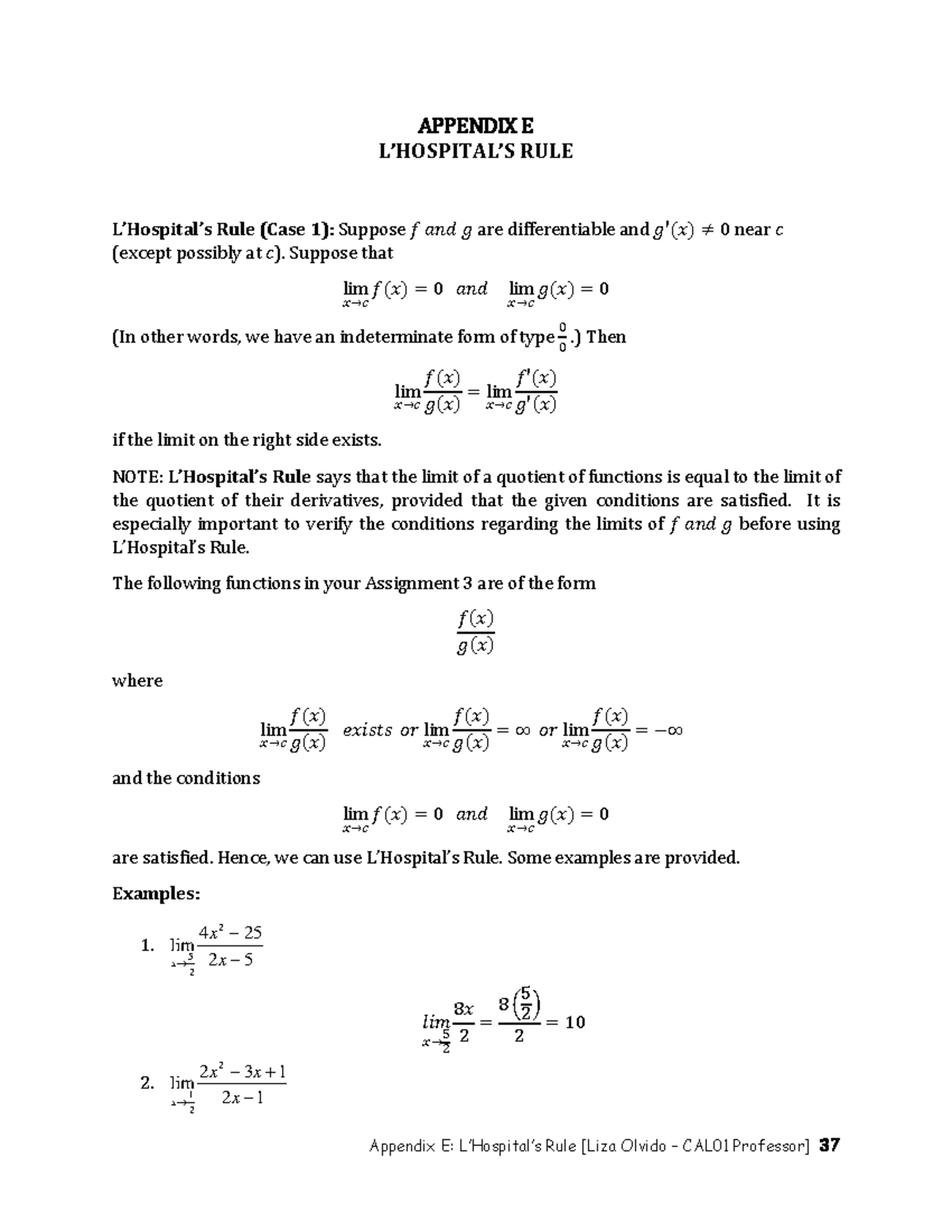 Appendix E L'Hospital's Rule - Appendix E: L’Hospital’s Rule [Liza ...