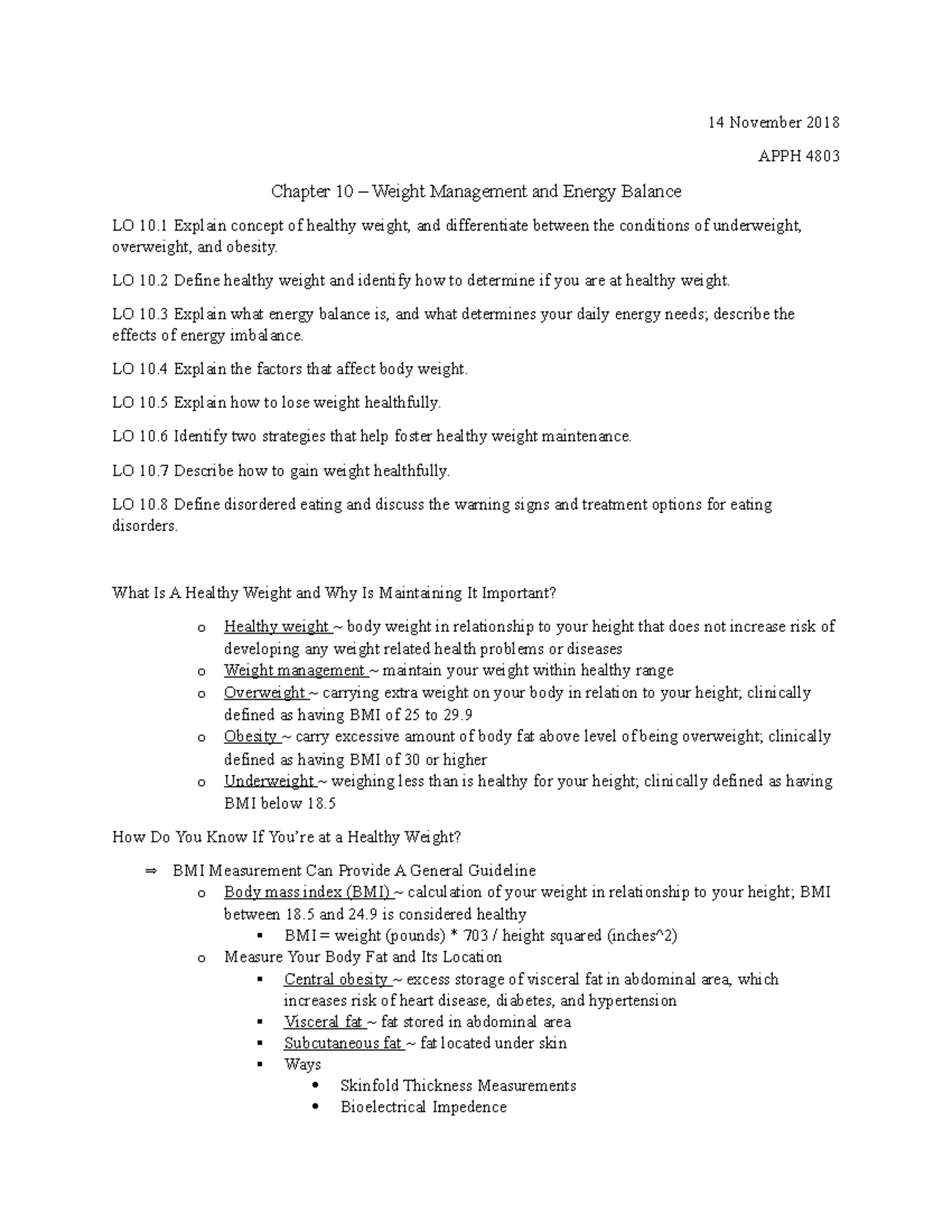 Chapter 10 – Weight Management and Energy Balance - 14 November 2018 ...