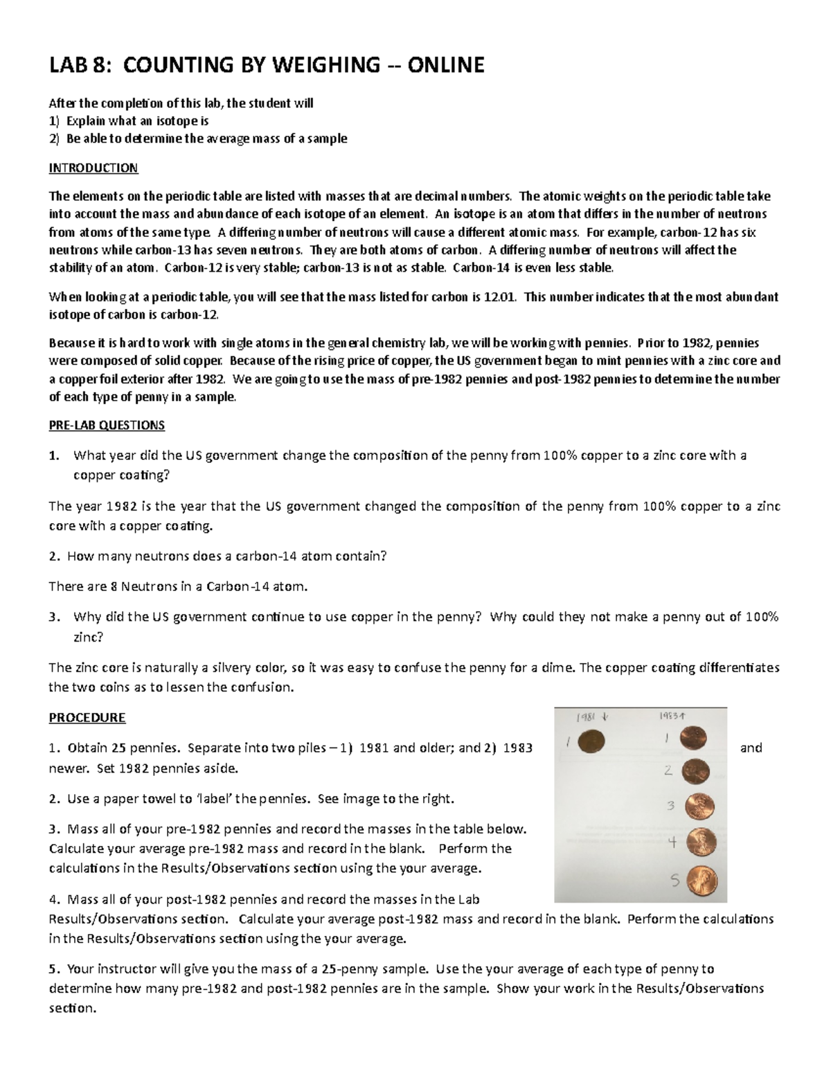 Lab 8 Counting by Weighing Online - CHEM 24113 - Studocu