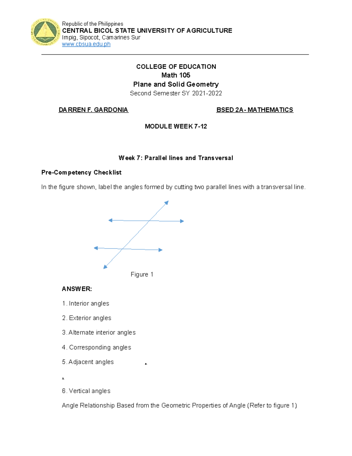 MATH 105, WEEK 7-12, Answer, Darren Gardonia - CENTRAL BICOL STATE ...