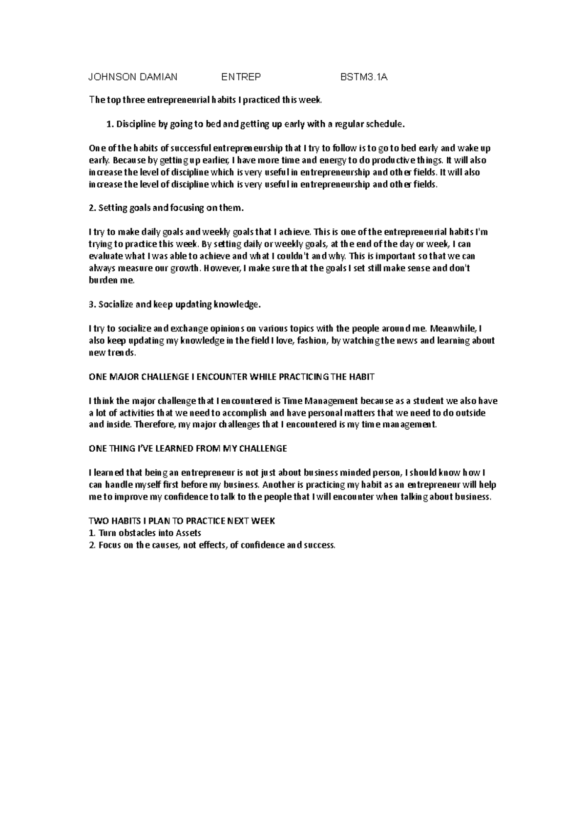 05 Journal 1 - NONE - JOHNSON DAMIAN ENTREP BSTM3 The top three entrepreneurial habits I ...