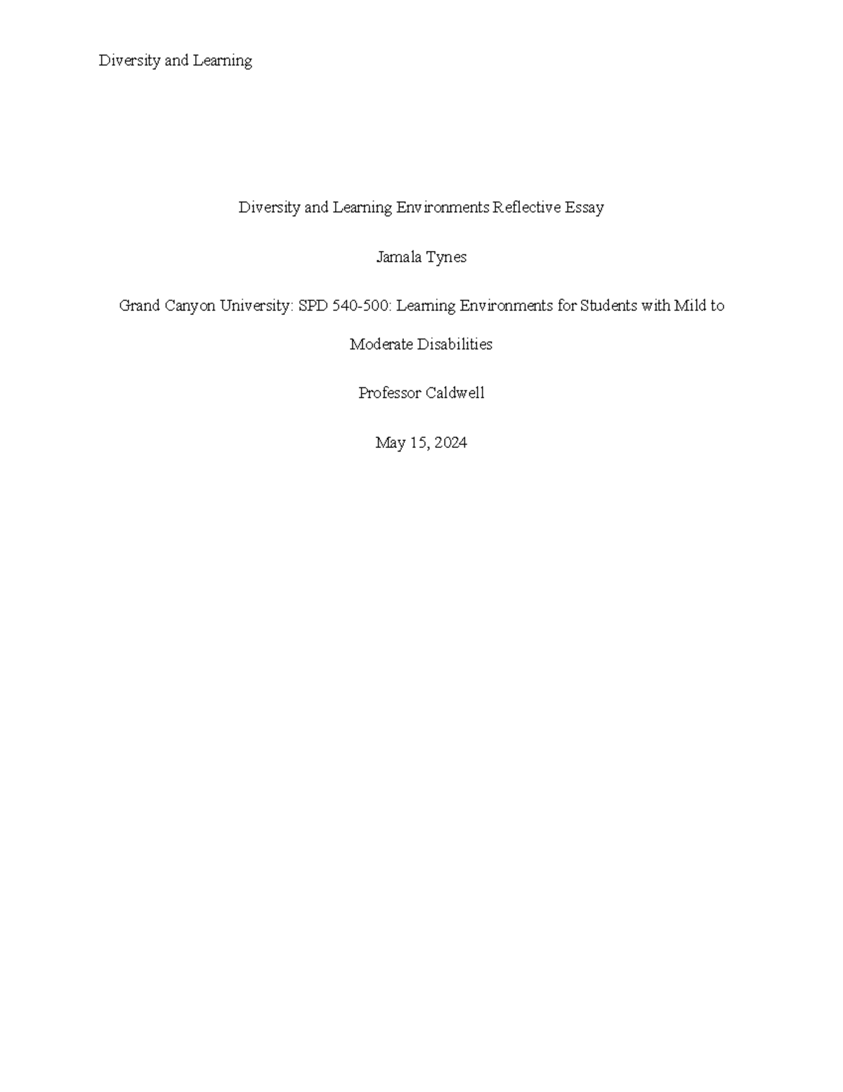 Diversity and Learning Environments Reflective Essay.edited - Diversity ...