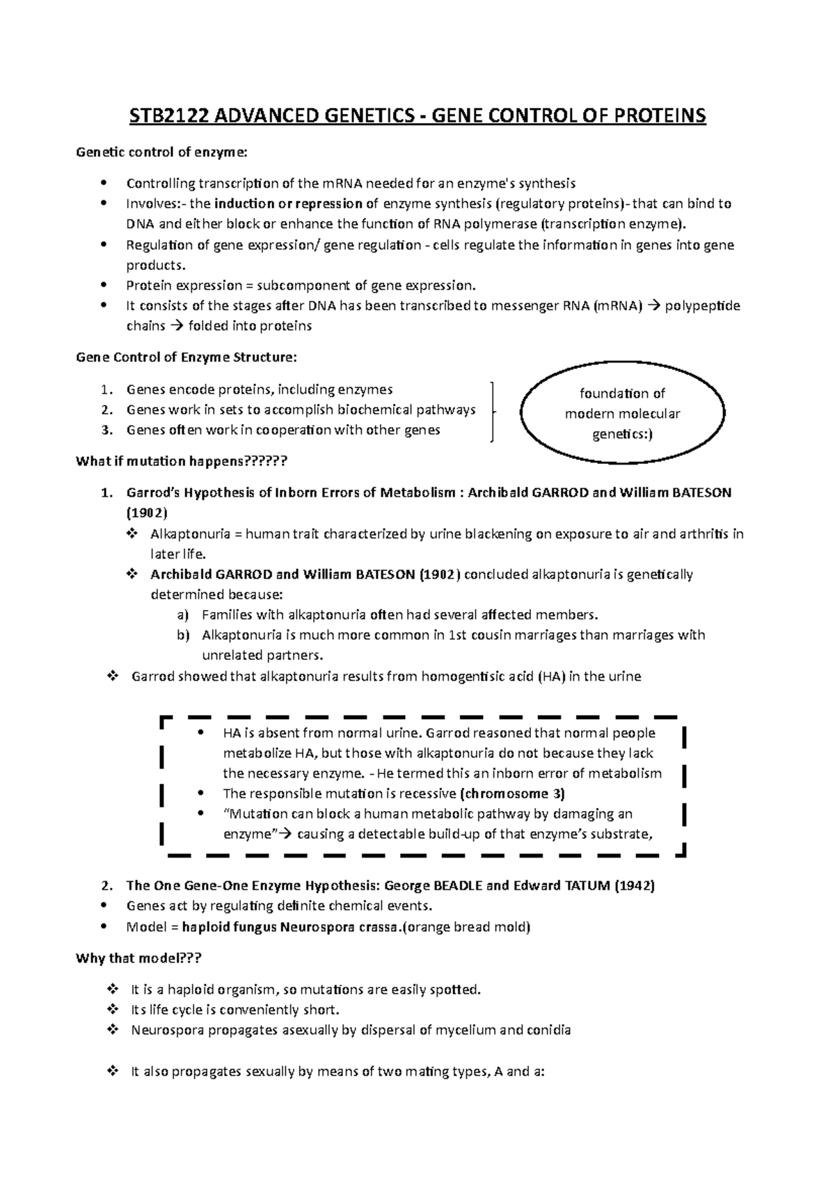 STB2122 Advanced Genetics - STB2122 ADVANCED GENETICS - GENE CONTROL OF ...