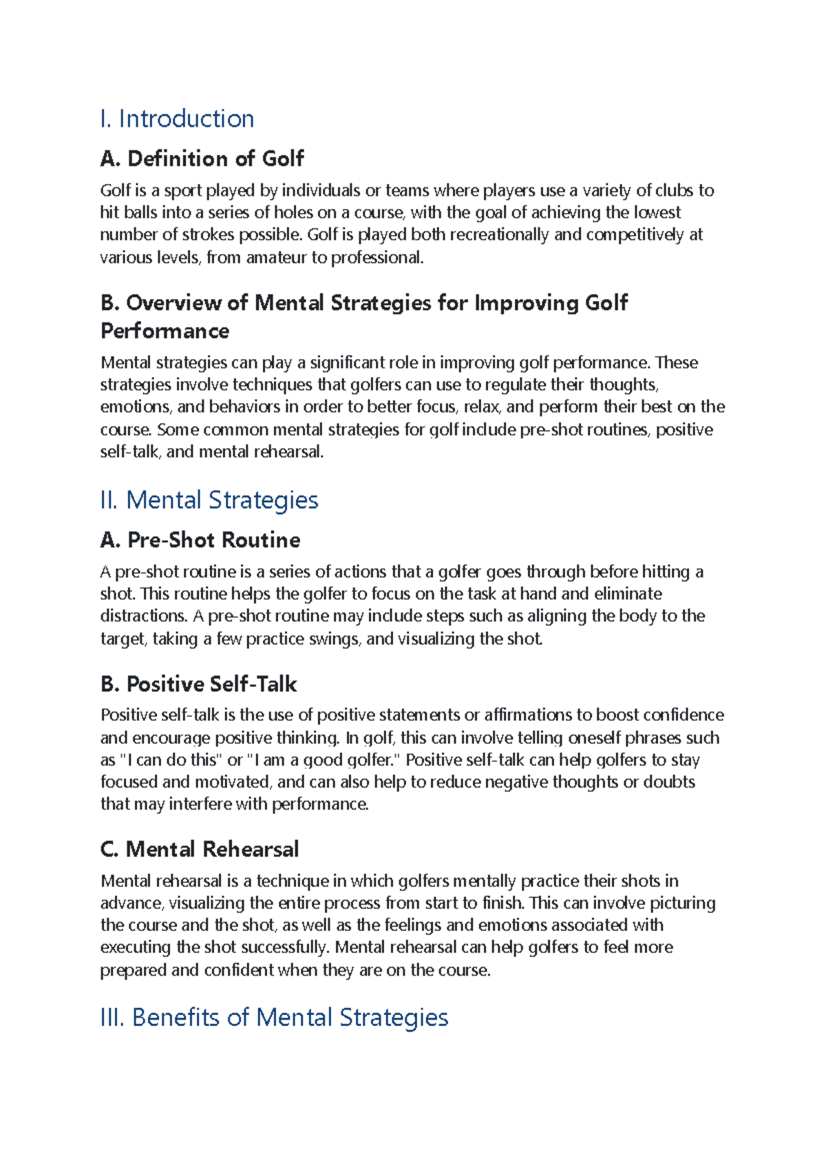 Mental Strategies for Improving Golf Performance - I. Introduction A ...
