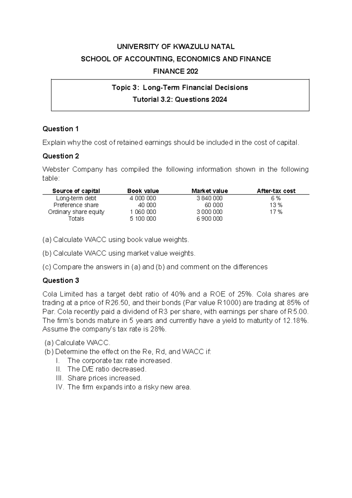 FINA202 - TUT 3.2 Questions - UNIVERSITY OF KWAZULU NATAL SCHOOL OF ...