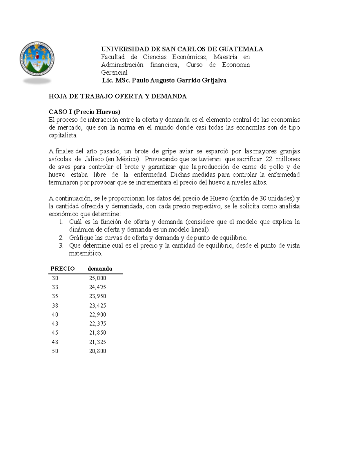 Hoja De Trabajo Oferta Y Demanda Universidad De San Carlos De 6888