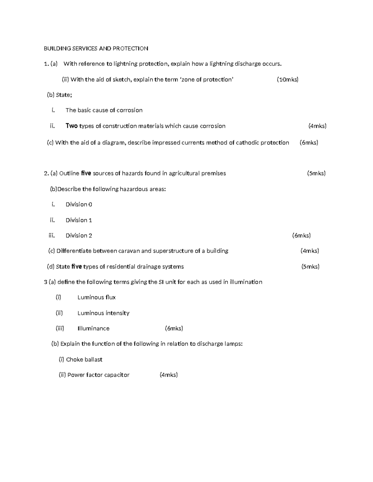Knec bsp questions - notes - BUILDING SERVICES AND PROTECTION (a) With ...