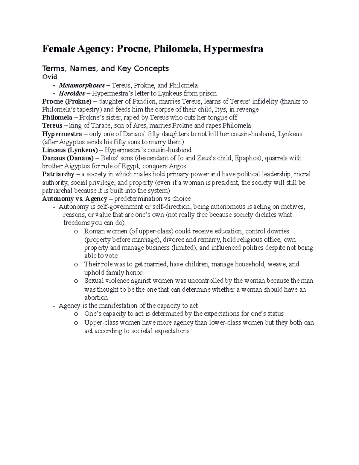 Female Agency Worksheet - Female Agency: Procne, Philomela, Hypermestra ...