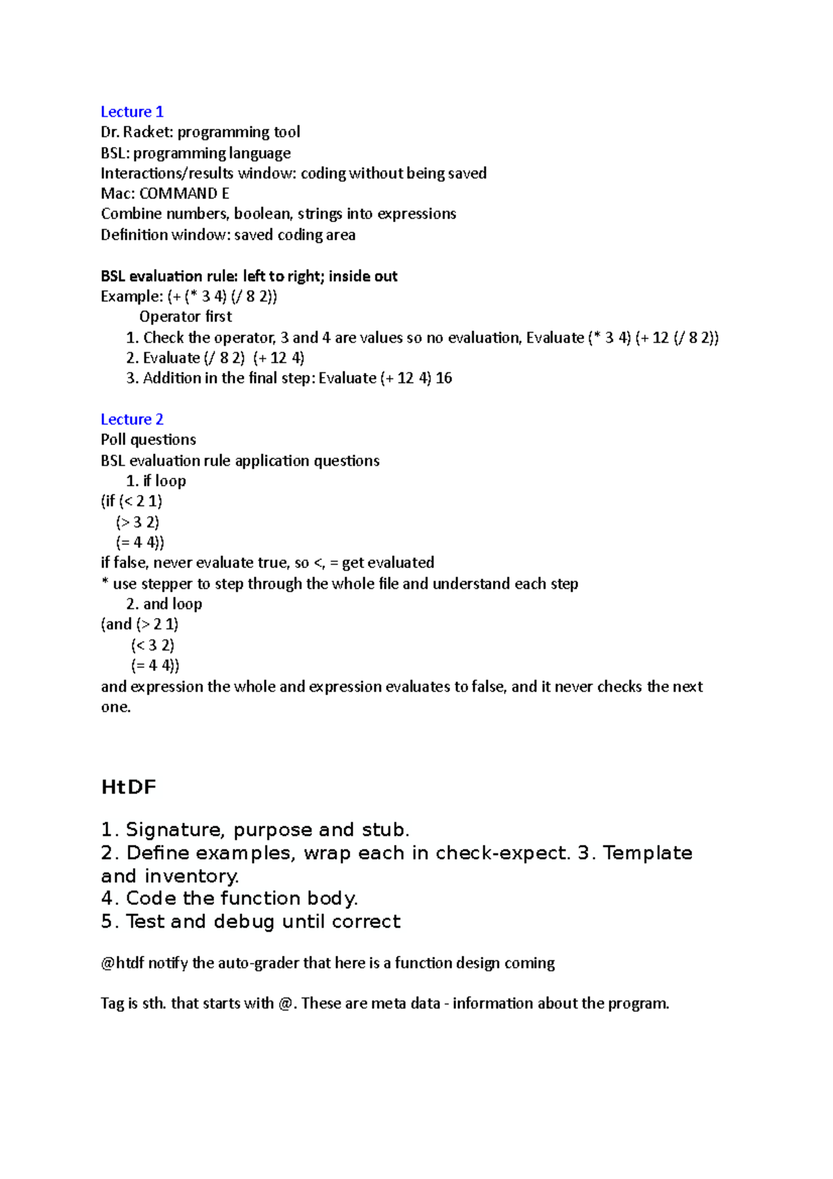 CPSC 107 notes IN Class - Lecture 1 Dr. Racket: programming tool BSL ...