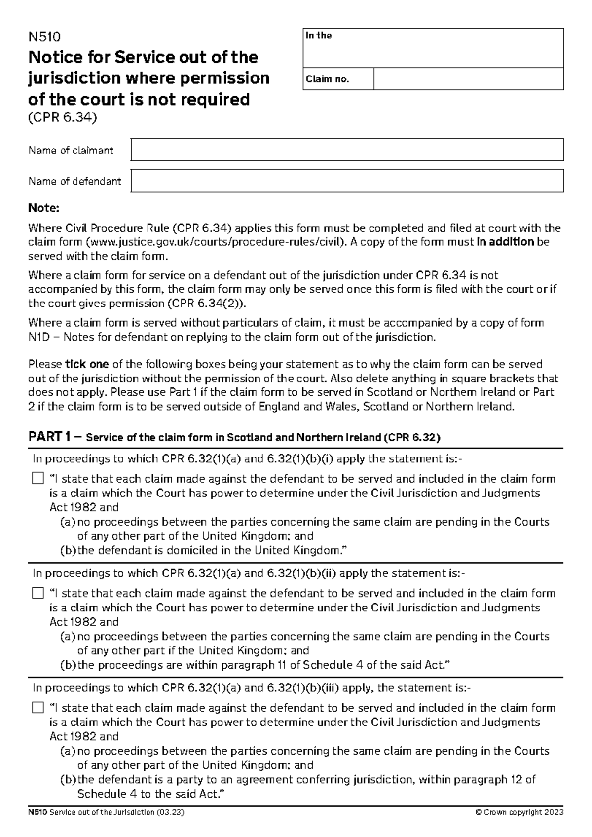 N510 0323 form - Service out of the jurisdiction - N Notice for Service ...