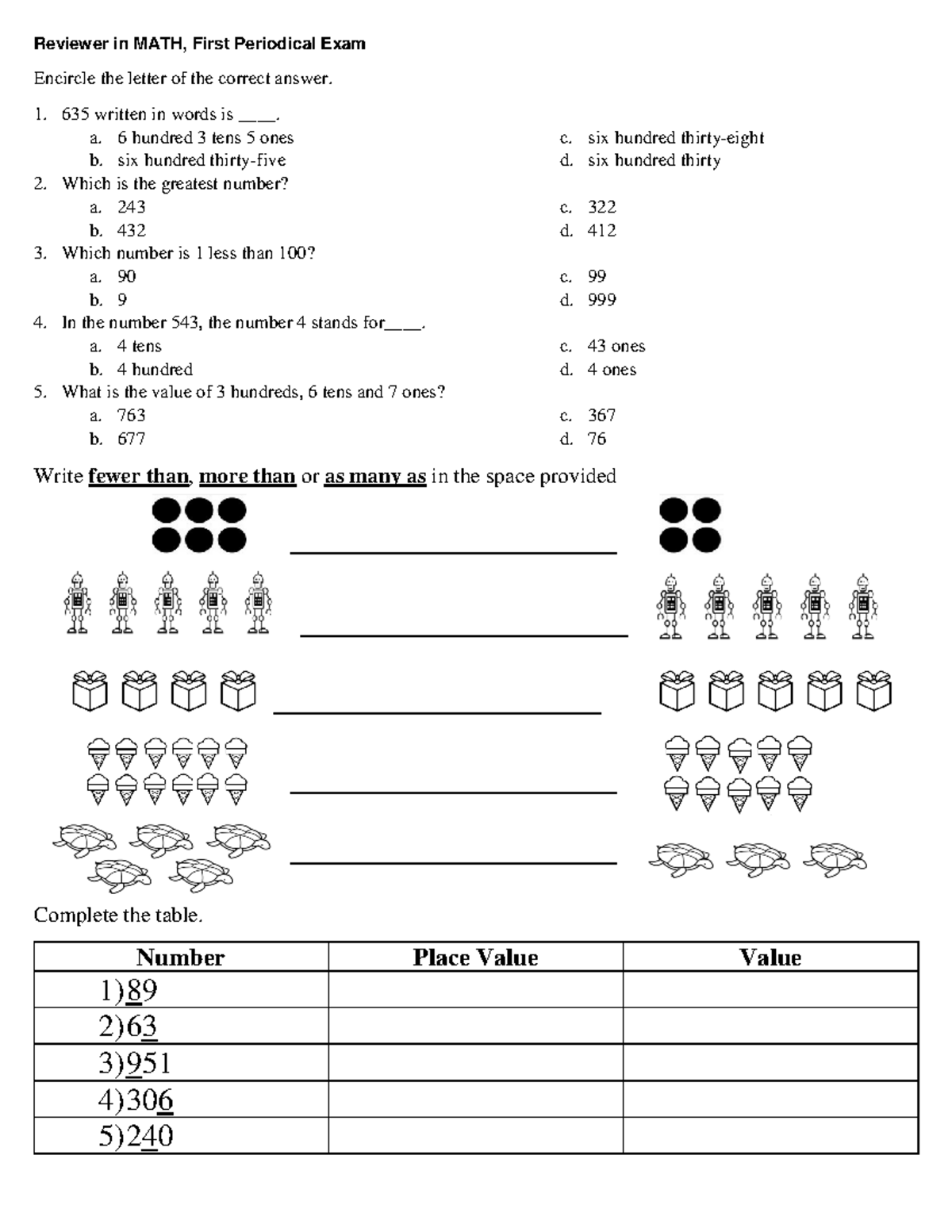 266315103-Grade 1-Math - Reviewer in MATH, First Periodical Exam ...