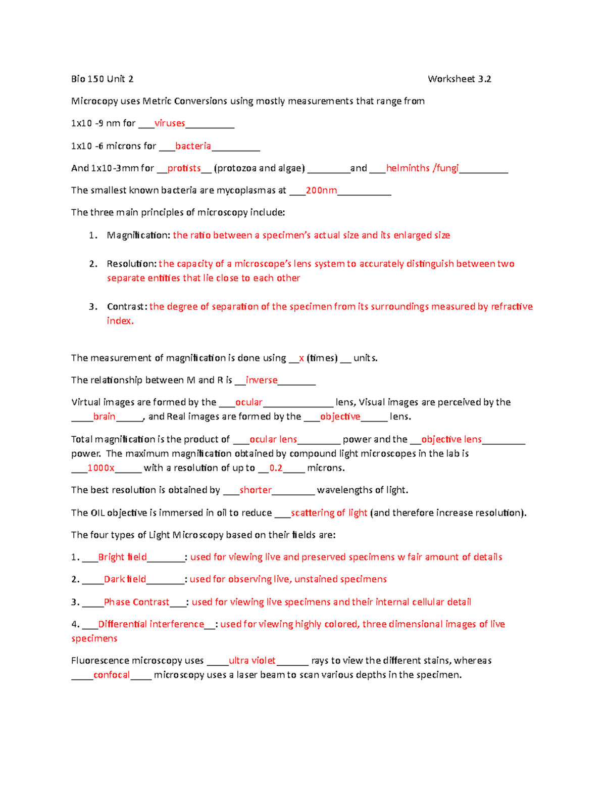 Bio 150 Chapter 3.2 Microscopy Worksheet Key - Bio 150 Unit 2 Worksheet 3. Microcopy uses Metric ...