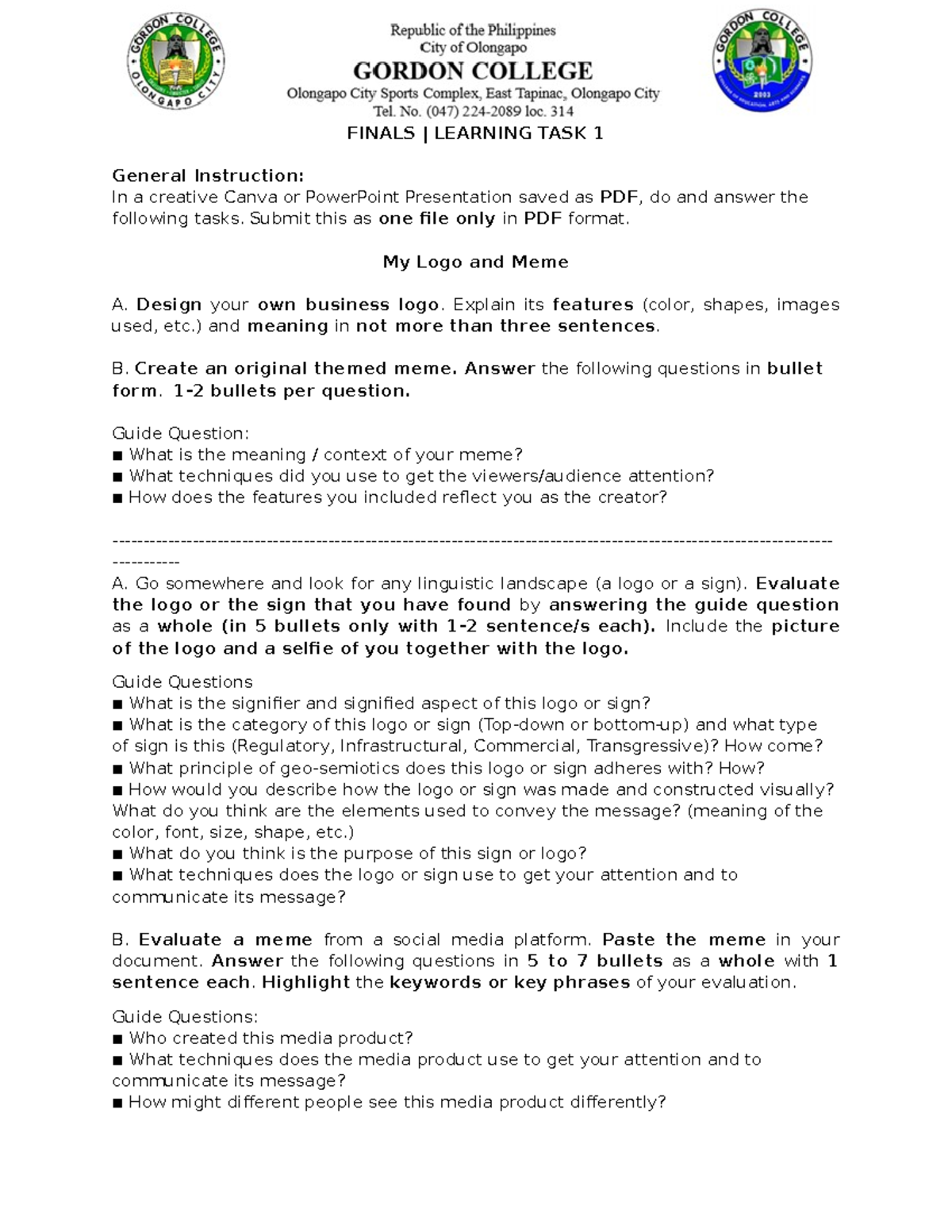 Finals Learning TASK 1 - FINALS | LEARNING TASK 1 General Instruction: In a creative Canva or ...