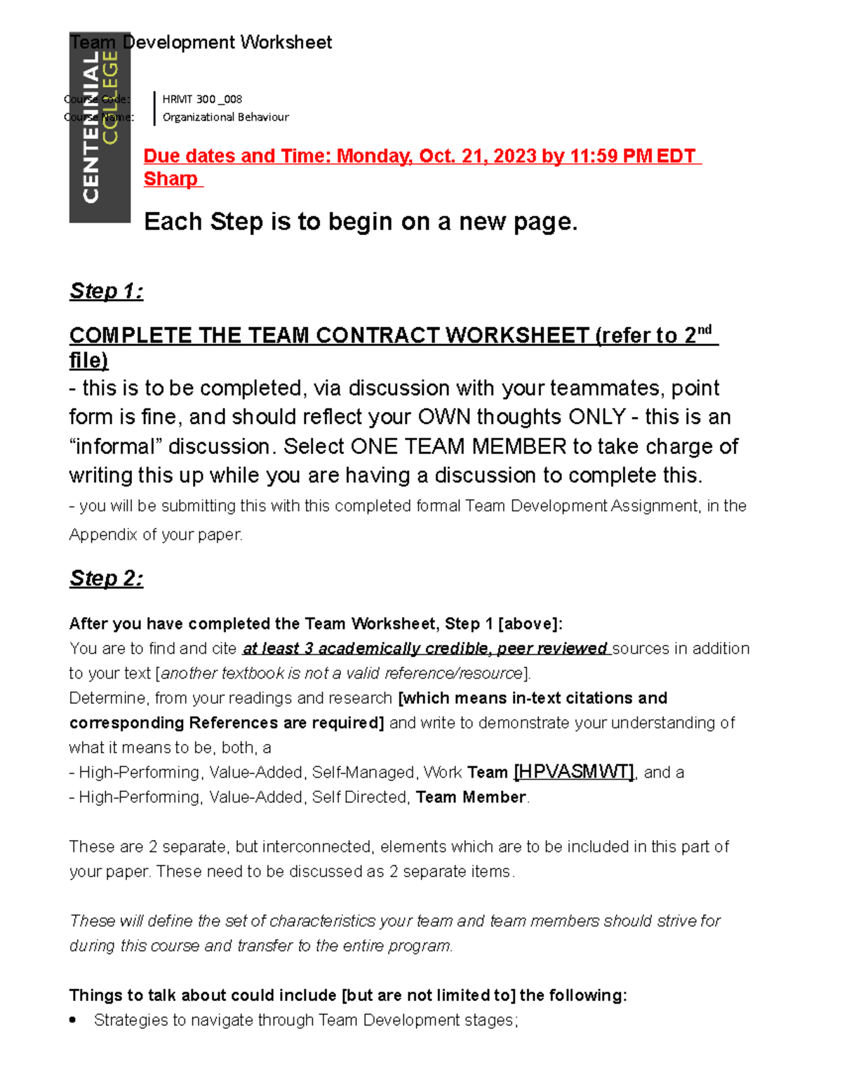 Team Development Worksheet 1 - Team Development Worksheet Course Code ...
