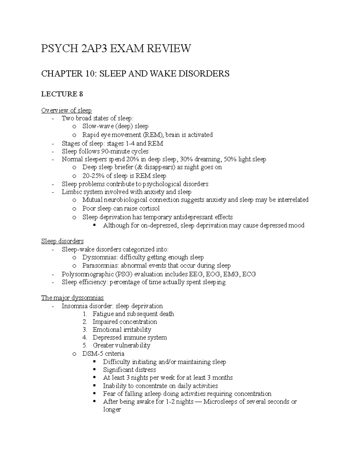 Psych 2AP3 EXAM Review - PSYCH 2AP3 EXAM REVIEW CHAPTER 10: SLEEP AND ...