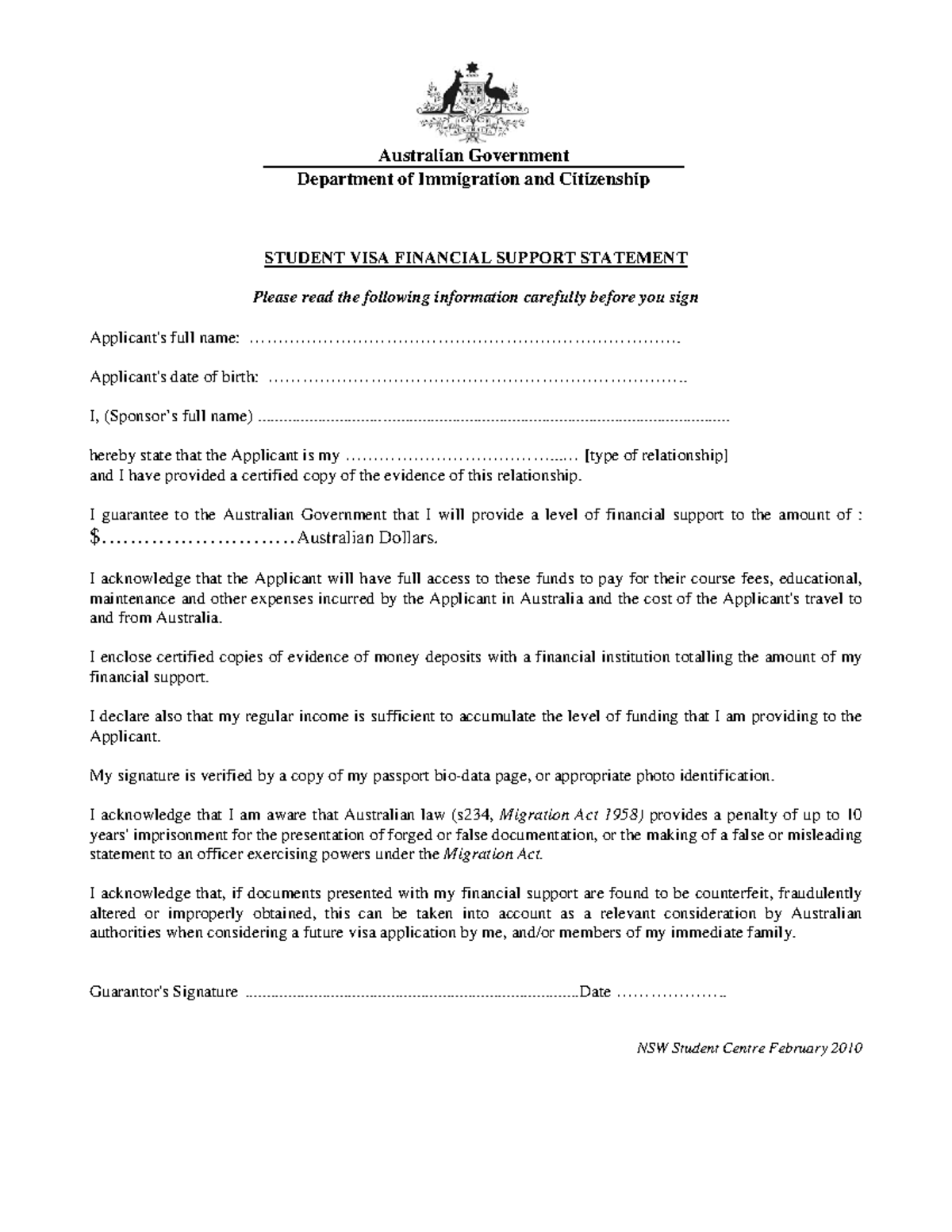 Financial Support Statement - Australian Government Department of ...
