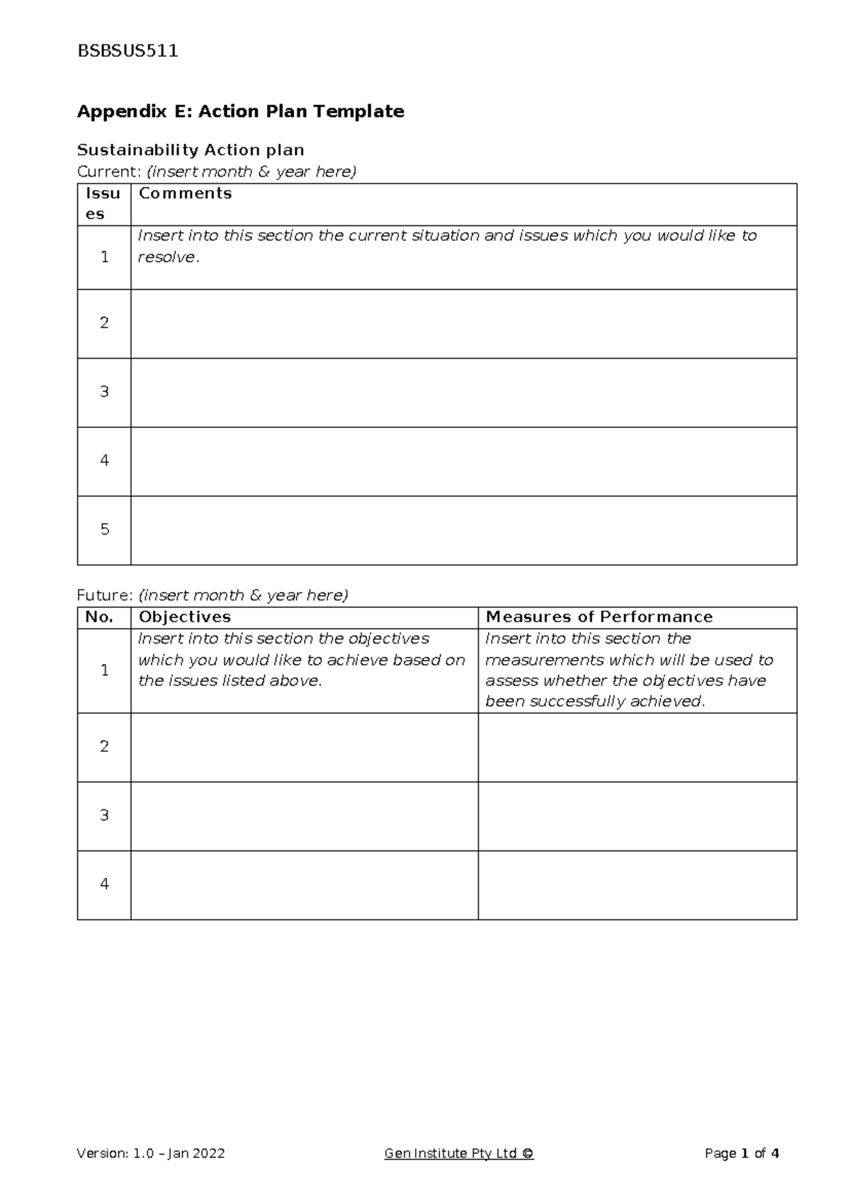 Appendix E - Sustainable Action Plan - Appendix E: Action Plan Template Sustainability Action ...