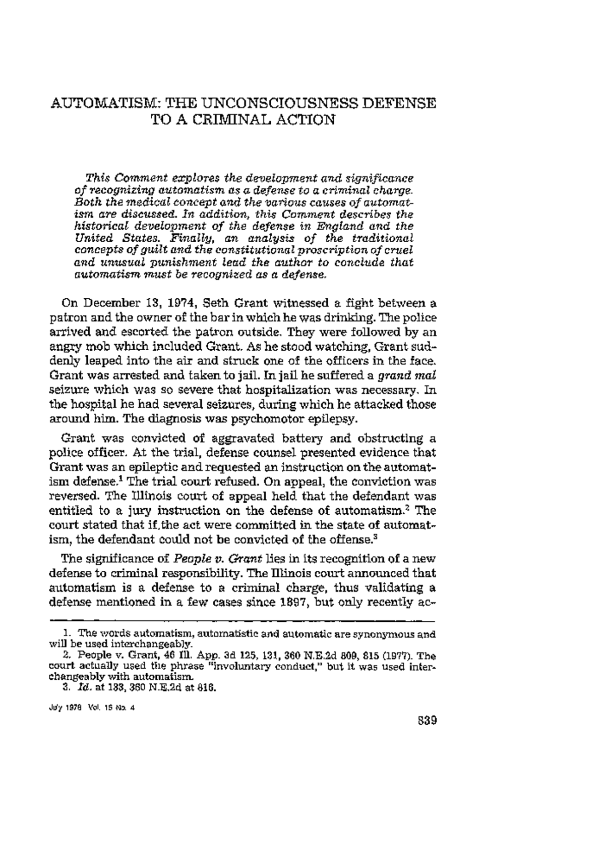 Automatism The Unconsciousness Defense to a Criminal Action ...