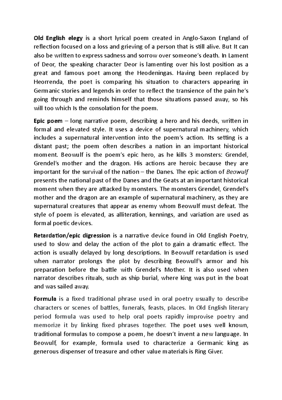 Definitions semestr 1 - Old English elegy is a short lyrical poem ...