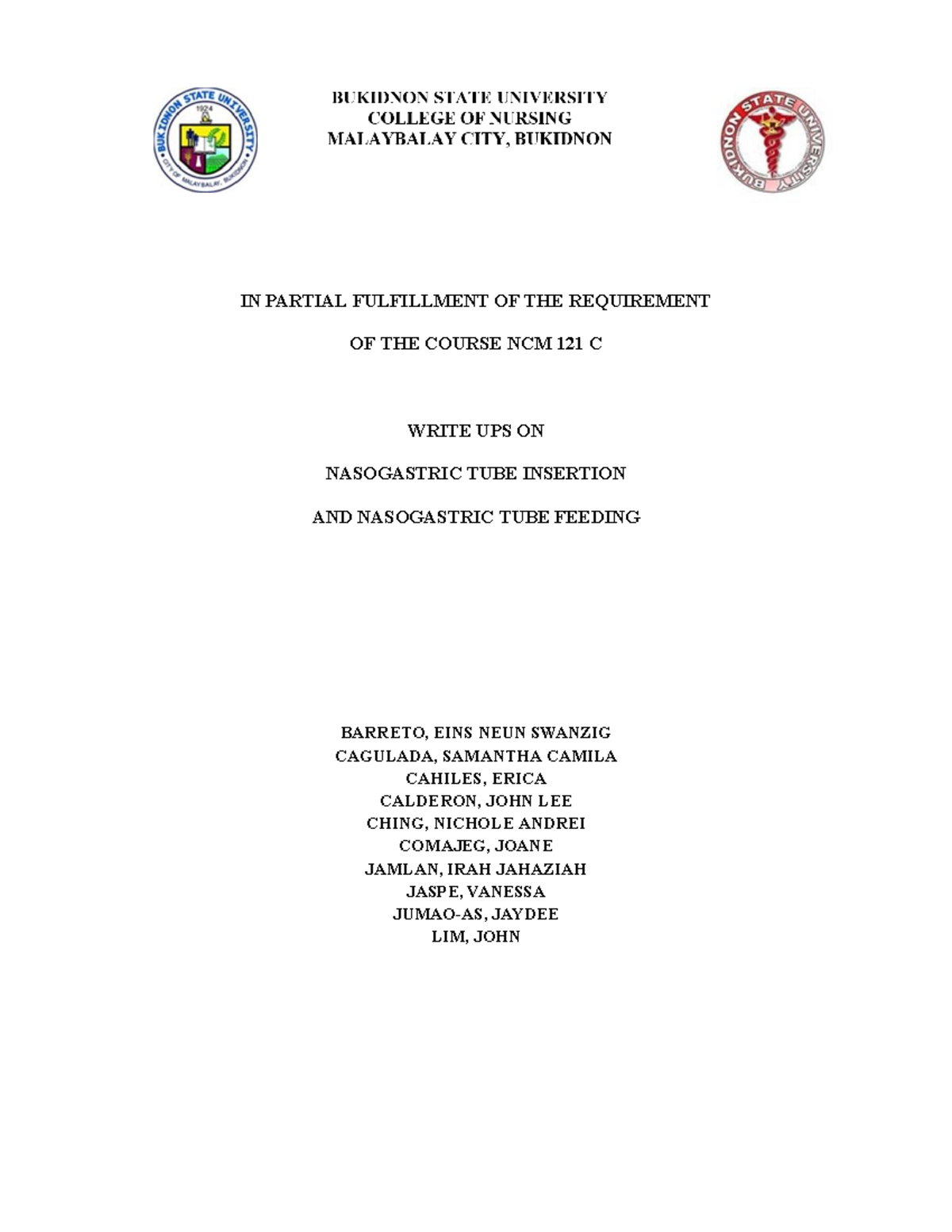 NGT Insertion and NGT Feeding - IN PARTIAL FULFILLMENT OF THE ...